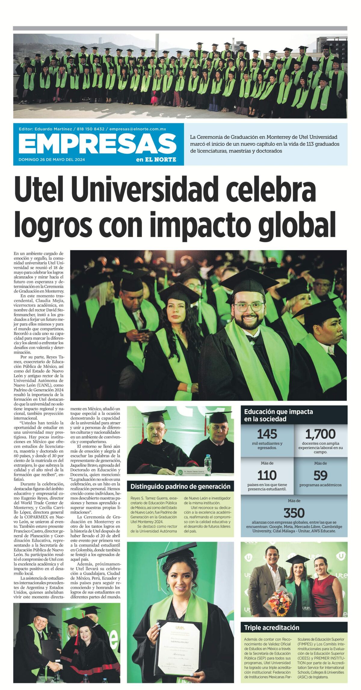 Periódico El Norte | Graduación Monterrey Utel 2024 - BLOG | Utel